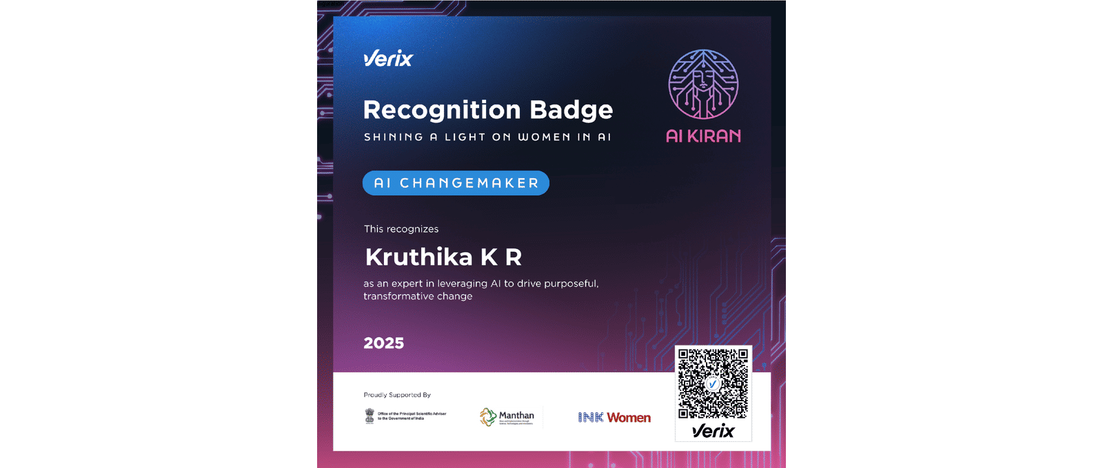 AI Changemaker: Kruthika K R credential issued by Verix to Kruthika K R | Verix