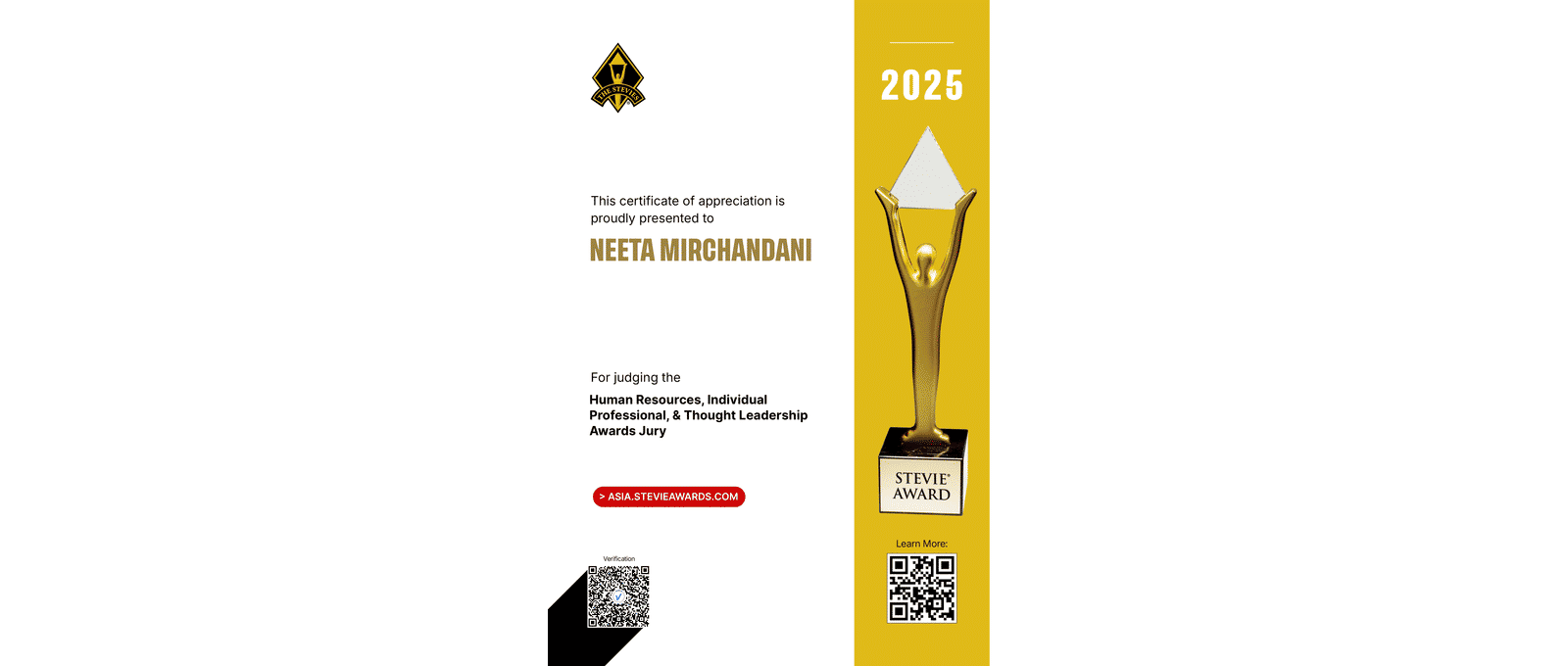 Asia-Pacific Stevie® Awards Jury Certificate: Neeta Mirchandani credential issued by The Stevie ...