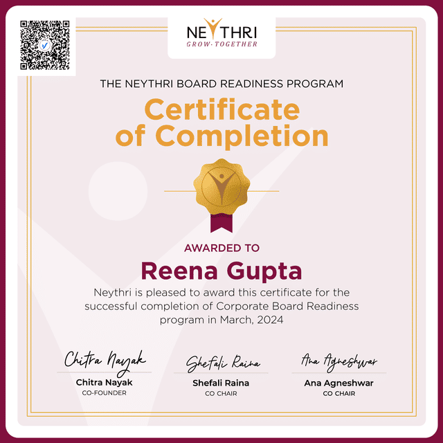 Completion Certificate - Corporate Board Readiness Program: Reena Gupta ...