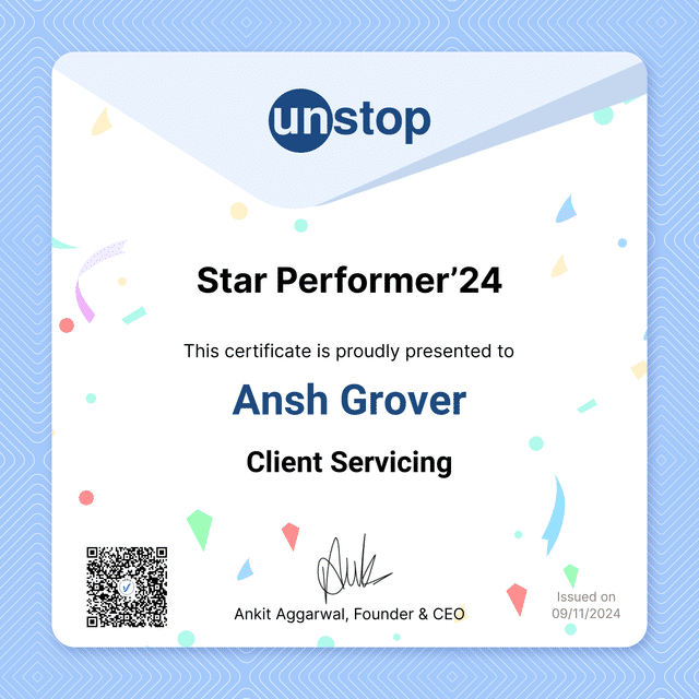 Star Performer'24: Ansh Grover credential issued by Unstop to Ansh Grover | Verix